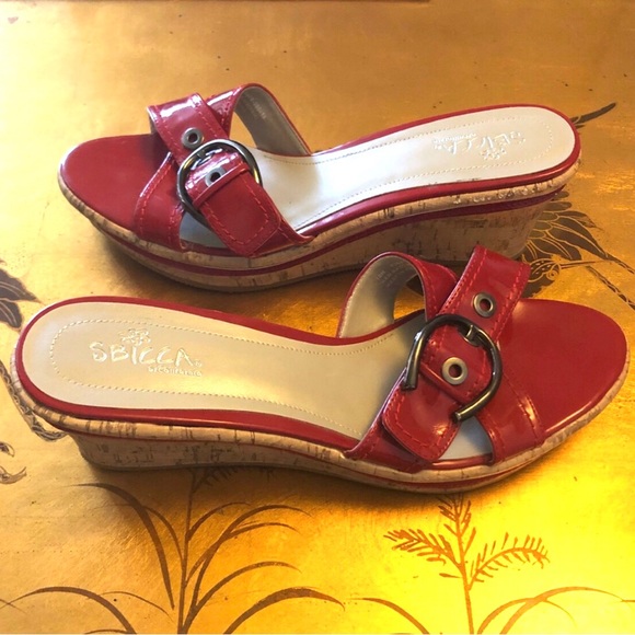Sbicca | Shoes | Sbicca Red Patent Leather Cork Platform Slides M ...